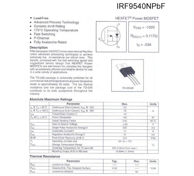 直插 IRF9540NPBF F9540N TO-220 100V23A MOS场效应管 IRF9540N-阿里巴巴