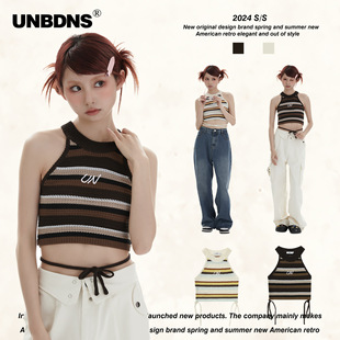 UNBDNS美式复古彩色条纹绑带背心女夏季辣妹百搭简约修身显瘦上衣-阿里巴巴