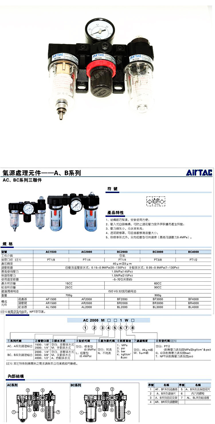 气源处理器三联件 AC1500 AC2000 过滤减压给油器油水分离-阿里巴巴