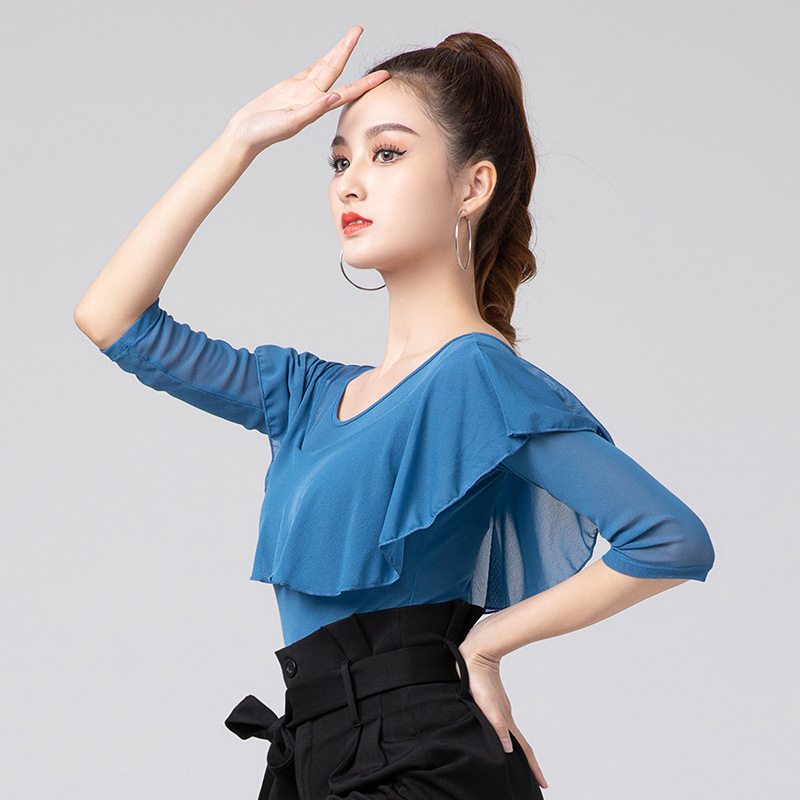 bLue black navy red ruffles National standard ballroom latin dance tops ...