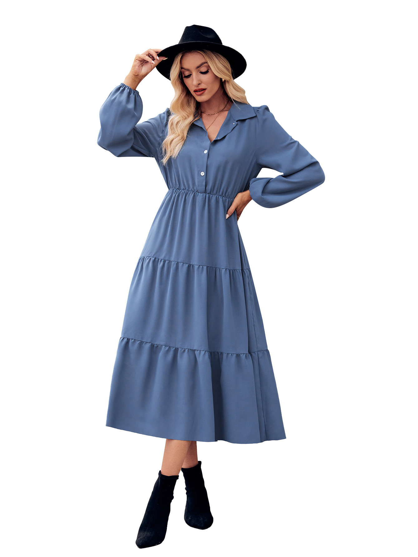 Fashion New Women's Solid Color Casual Waist Long Sleeve Maxi Dress