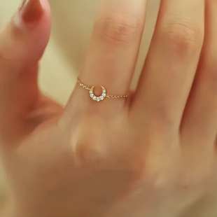 S925纯银镀14K小巧精致金月亮链条软戒指女可调节ins潮时尚百搭款-阿里巴巴