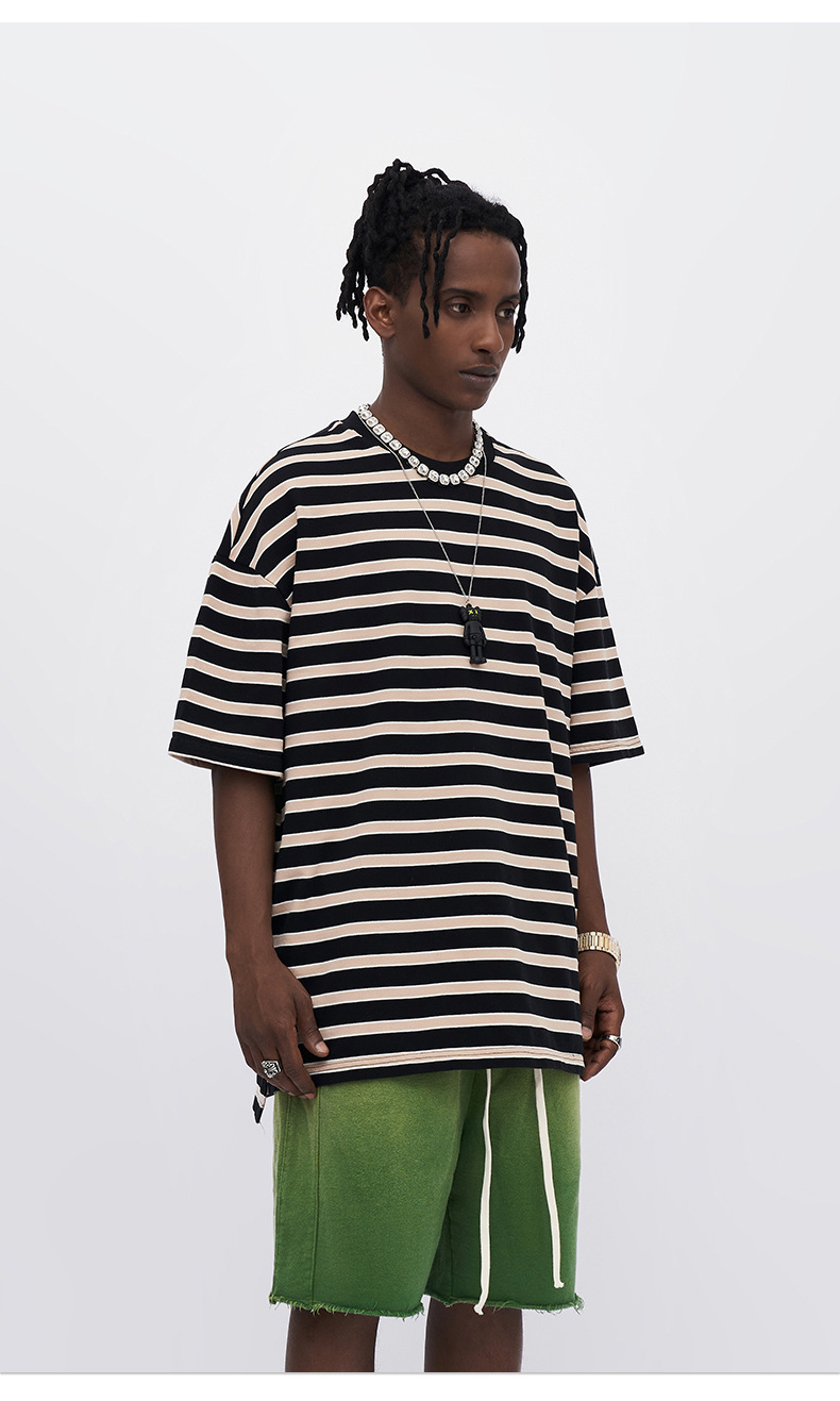 RFSD男装|重磅260G复古洗水条纹圆领短袖美式街头宽松潮牌T恤男-阿里巴巴