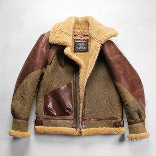 AVFLY绵羊皮真皮飞行服真皮夹克男外套巴顿将军B3做旧皮毛一体-阿里巴巴