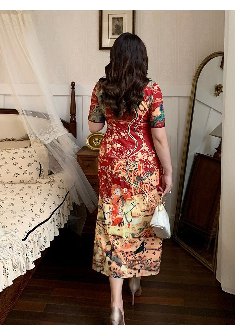 GLEC大码女装高端胖mm新中式国风复古气质收腰改良旗袍印花连衣裙-阿里巴巴