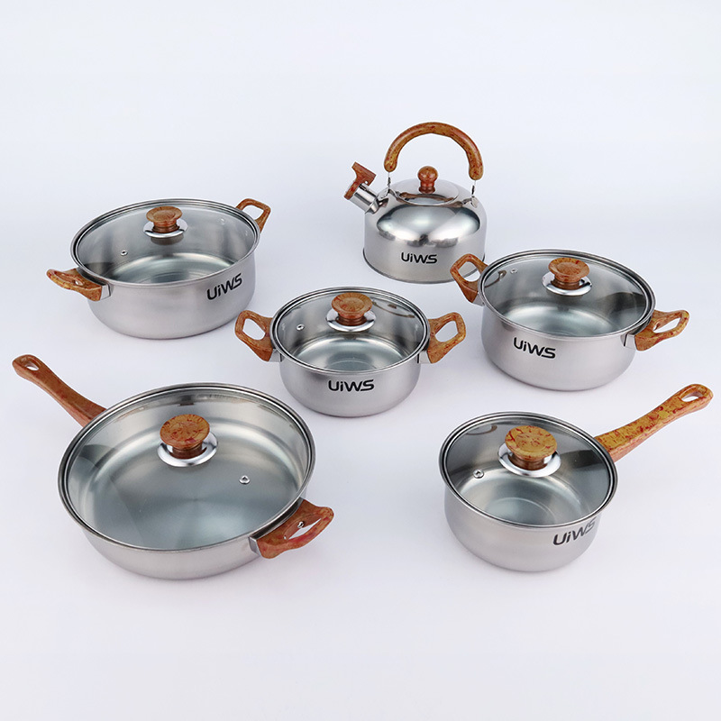 Cross border supply e-commerce stainless steel 12 piece pot wood grain ...