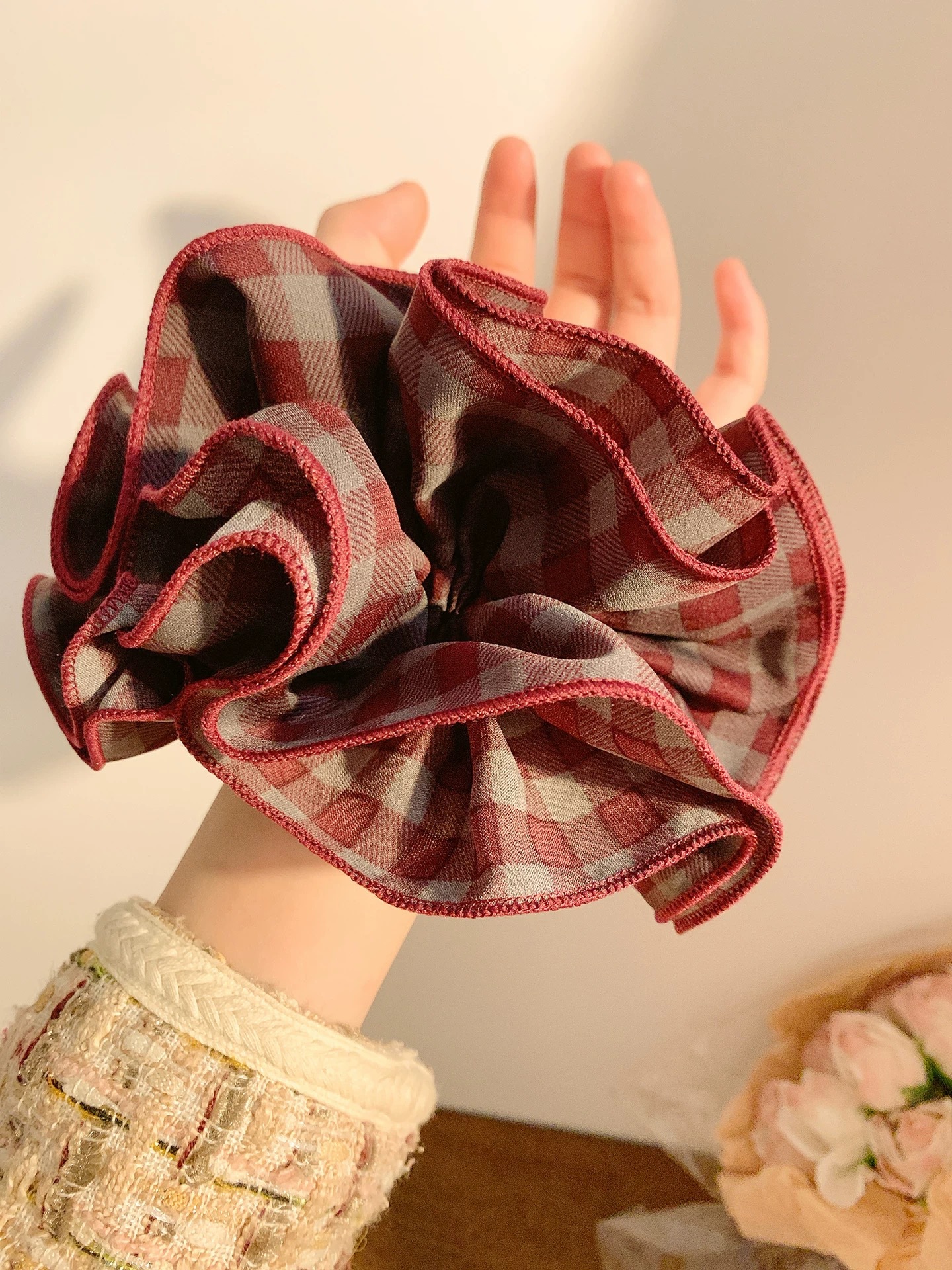 赵露思同款紫色格子发圈学院风小众设计感减龄款大肠圈扎马尾头饰-阿里巴巴