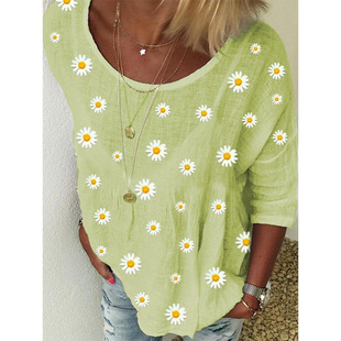 281349爆款小雏菊印花T恤套头上衣宽松大码亚马逊跨境热卖现货女-阿里巴巴