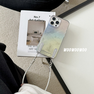 WOOWOOWOO小众ins渐变浅蓝锡纸纹手机壳挂绳适用iphone16promax苹-阿里巴巴