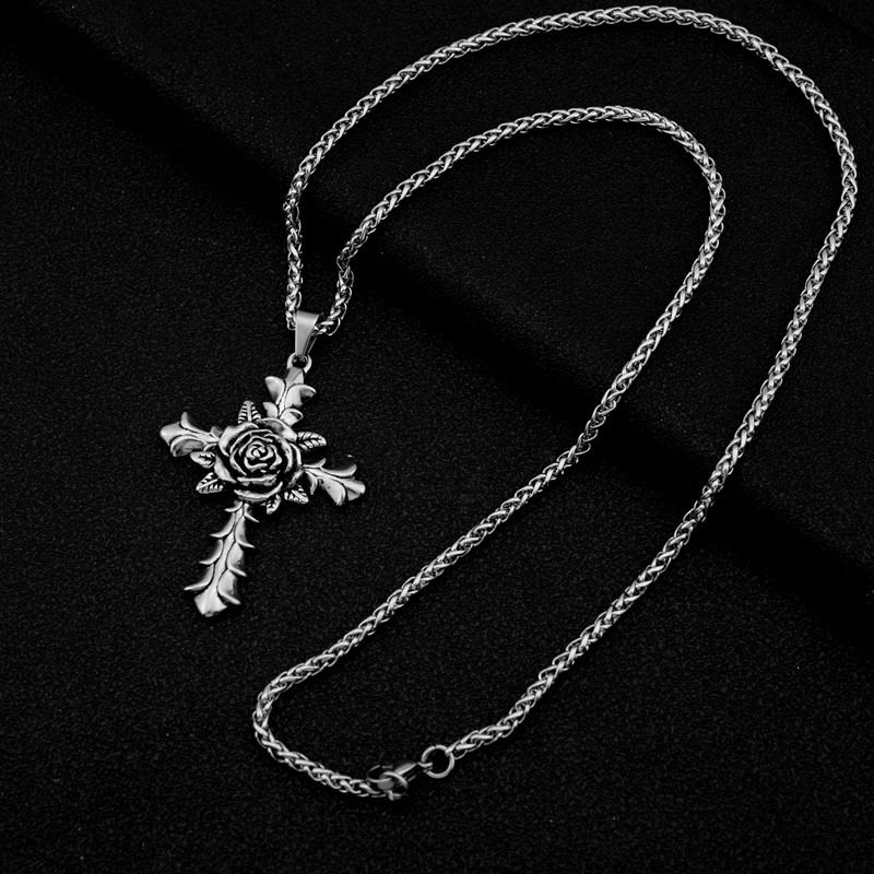 潮款嘻哈玫瑰十字架哥特风吊坠欧美风格潮人男士项链街头个性-阿里巴巴