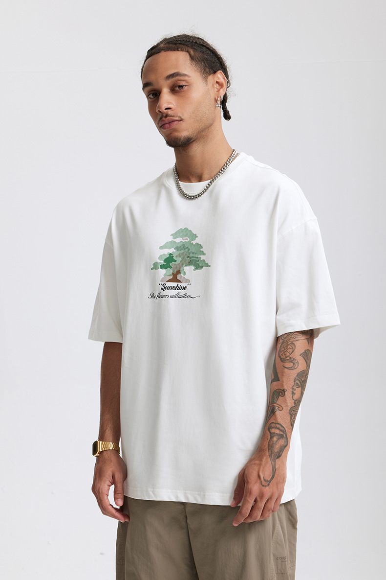 捷展男装|265G森系幻彩厚板印花T恤2025春夏美式重磅宽松休闲短袖-阿里巴巴