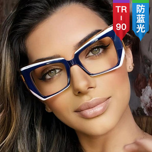 复古撞色防蓝光眼镜女潮文艺多边形TR90眼镜框架跨境ins平光镜-阿里巴巴