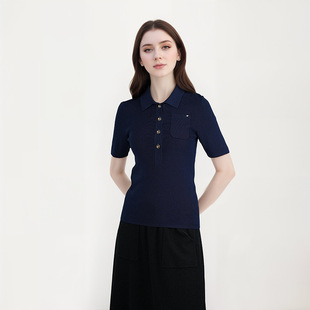 LABULL女士通勤纯色口袋款16G短袖透气法式翻领装针织衫女BN121-阿里巴巴