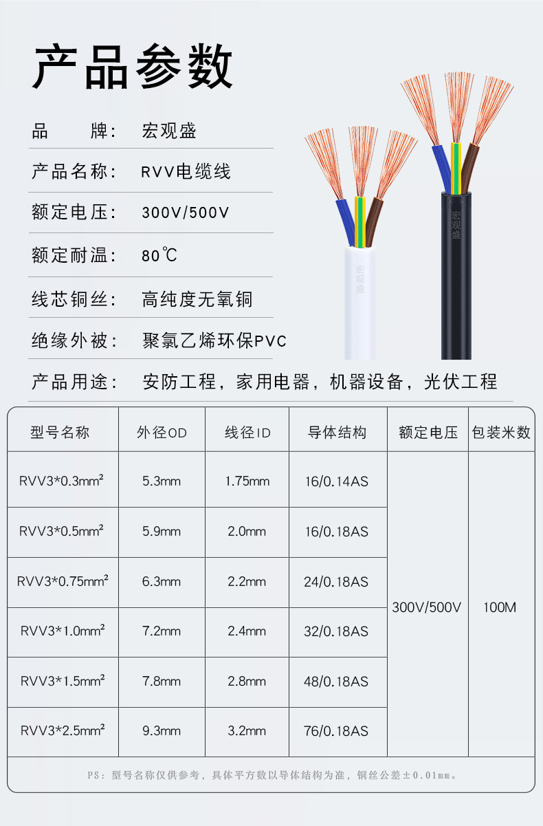 黑/白色电缆线RVV3*0.3 0.5 0.75 1 2.5平方纯铜电源线三芯护套线-阿里巴巴