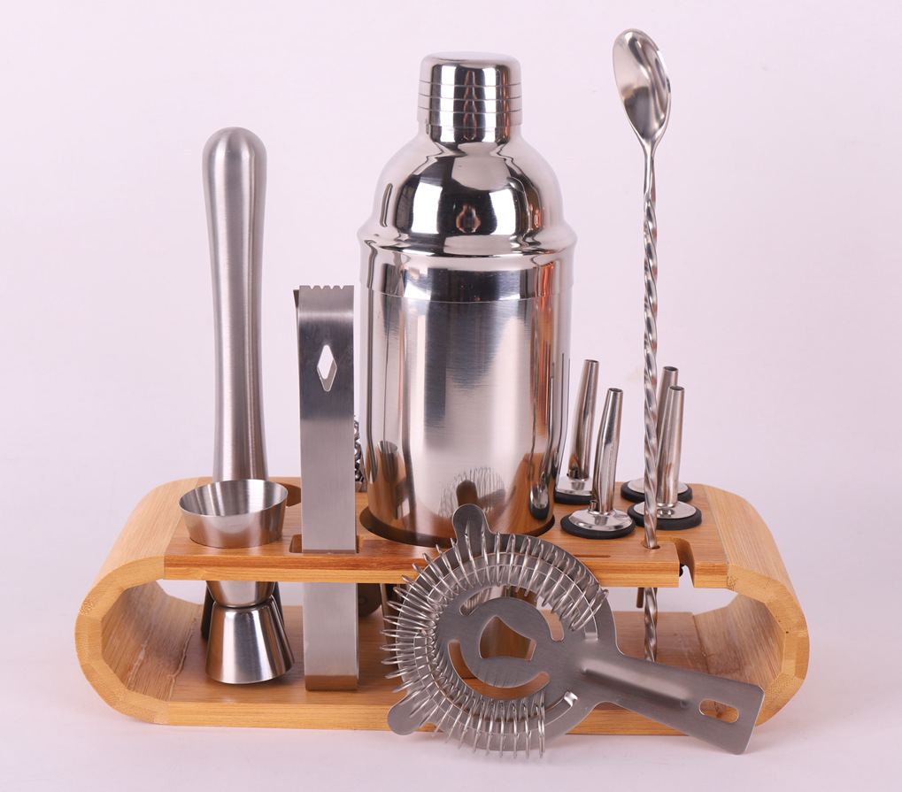 厂家供货不锈钢调酒器雪克杯鸡尾酒摇壶调酒工具套装竹制底座收纳-阿里巴巴
