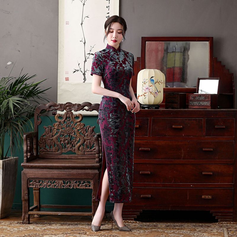Purple velvet flowers chinese dresses retro oriental cheongsam dress ...