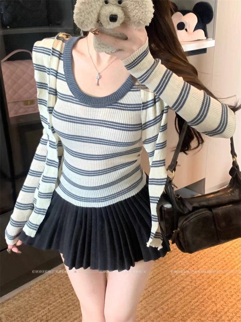 7252#韩版气质条纹披肩长袖针织衫女秋新款百搭紧身显瘦短款上衣-阿里巴巴