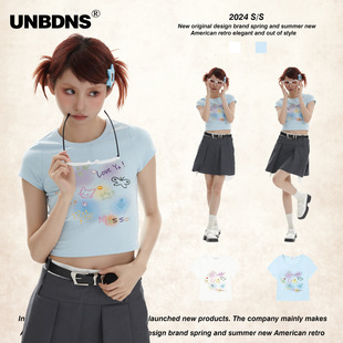 UNBDNS 千禧风辣妹猫咪印花短袖T恤女小个子修身显瘦百搭短款上衣-阿里巴巴