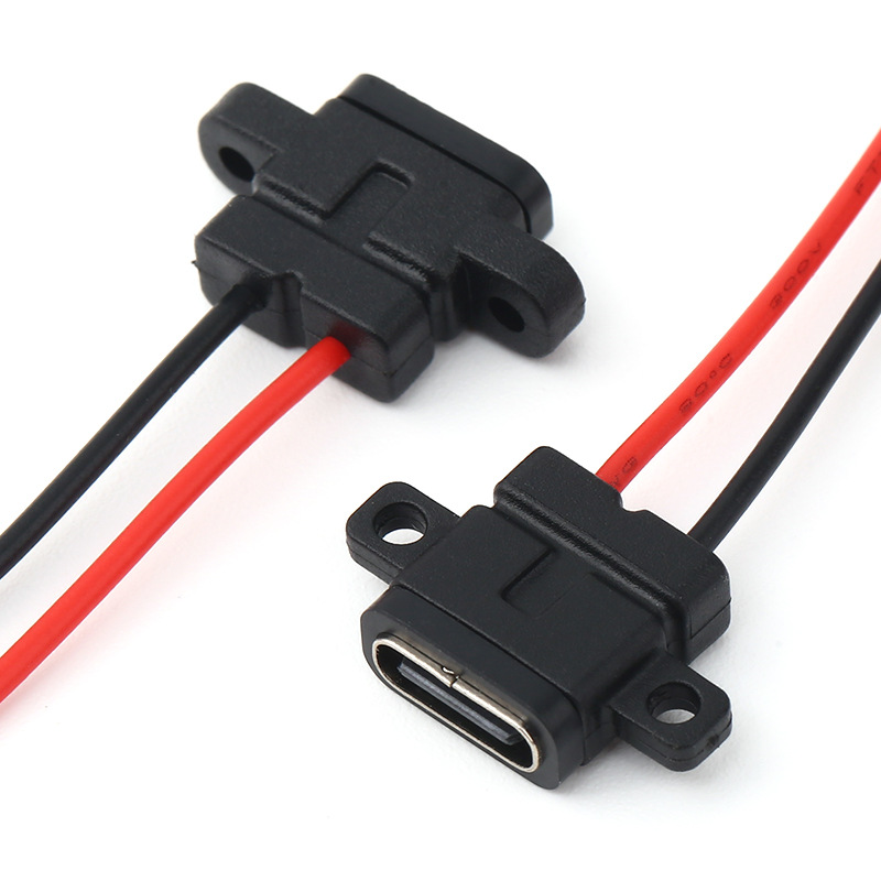 TYPE C2P防水母座全塑焊线式 线长可选带耳螺丝孔 TYPE-C防水母座-阿里巴巴