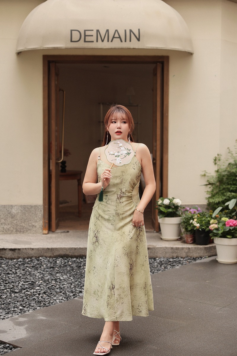 润其N8657翠竹禅意新中式V领串珠吊带裙批发 大码国风吊带连衣裙-阿里巴巴