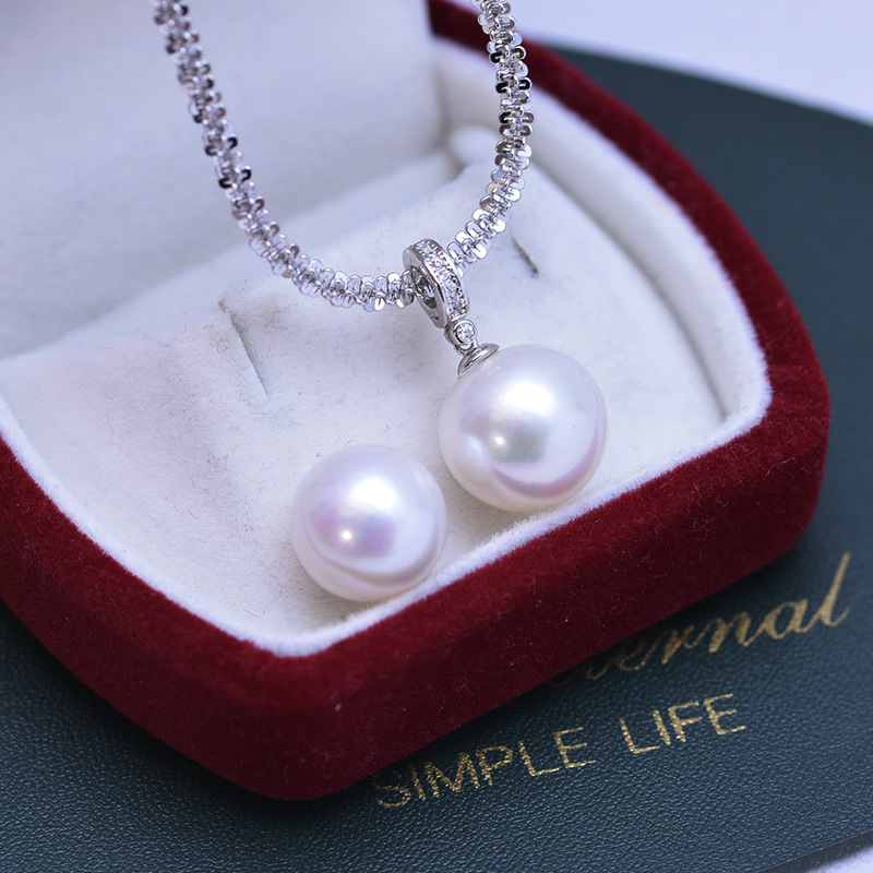 淡水13-14mm白色正圆强光细微瑕大珍珠吊坠S925银色万能扣星光链-阿里巴巴