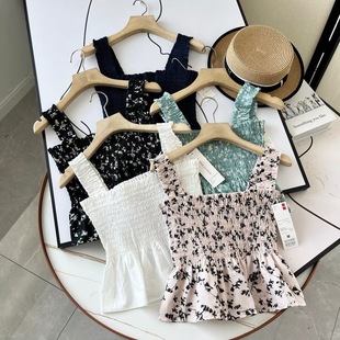 试衣间2023夏新款女吊带印花全棉抽褶无袖衬衫上衣458683 456164-阿里巴巴