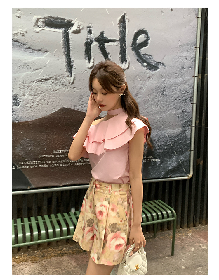 诠释美 NEWOPEN 2024夏日法式设计感斜领露肩荷叶边女式衬衫S1027-阿里巴巴