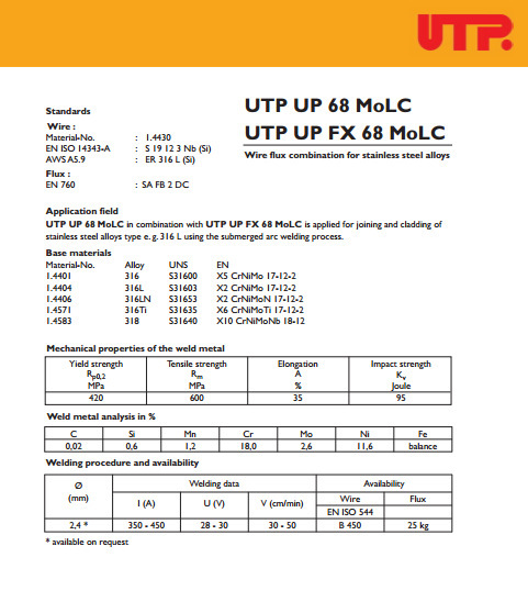德国UTP UP FX 68 MoLC不锈钢焊丝UTP ER316L(Li)不锈钢TIG焊丝-阿里巴巴