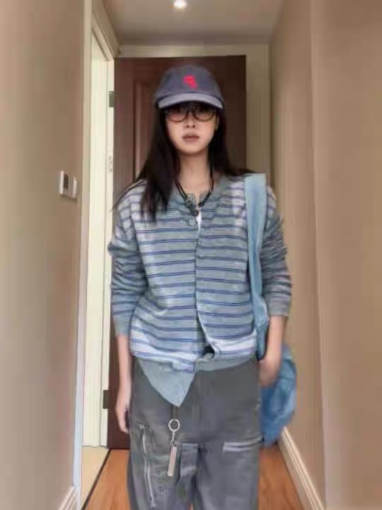 实价#绵羊绒#撞色圆领条纹针织开衫女2025早秋季韩系穿搭chic上衣-阿里巴巴