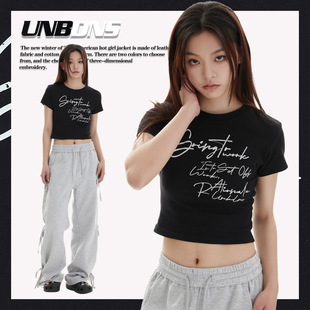 UNBDNS美式辣妹字母印花短袖T恤女棉修身百搭显瘦短款露脐上衣T恤-阿里巴巴