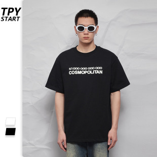 TPY 280G oversize短袖T恤圆领夏季潮流印花纯色纯棉宽松男女情侣-阿里巴巴