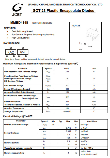 MMBD4148 丝印KA2 SOT-23 CJ(江苏长电/长晶) 电压75V 电流150mA-阿里巴巴