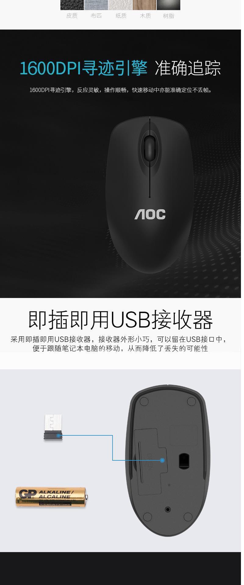 AOC MS320无线商务办公光电鼠标 usb笔记本台式电脑游戏家用鼠标-阿里巴巴