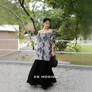 ES MODISH夏季新品田园风复古水墨印花扎染百搭上衣一字肩宽松T恤-阿里巴巴