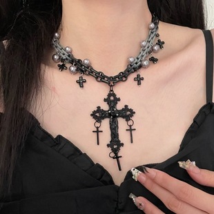 哥特甜酷朋克风十字架流苏珍珠锁骨链个性潮流嘻哈暗黑轻奢项链-阿里巴巴
