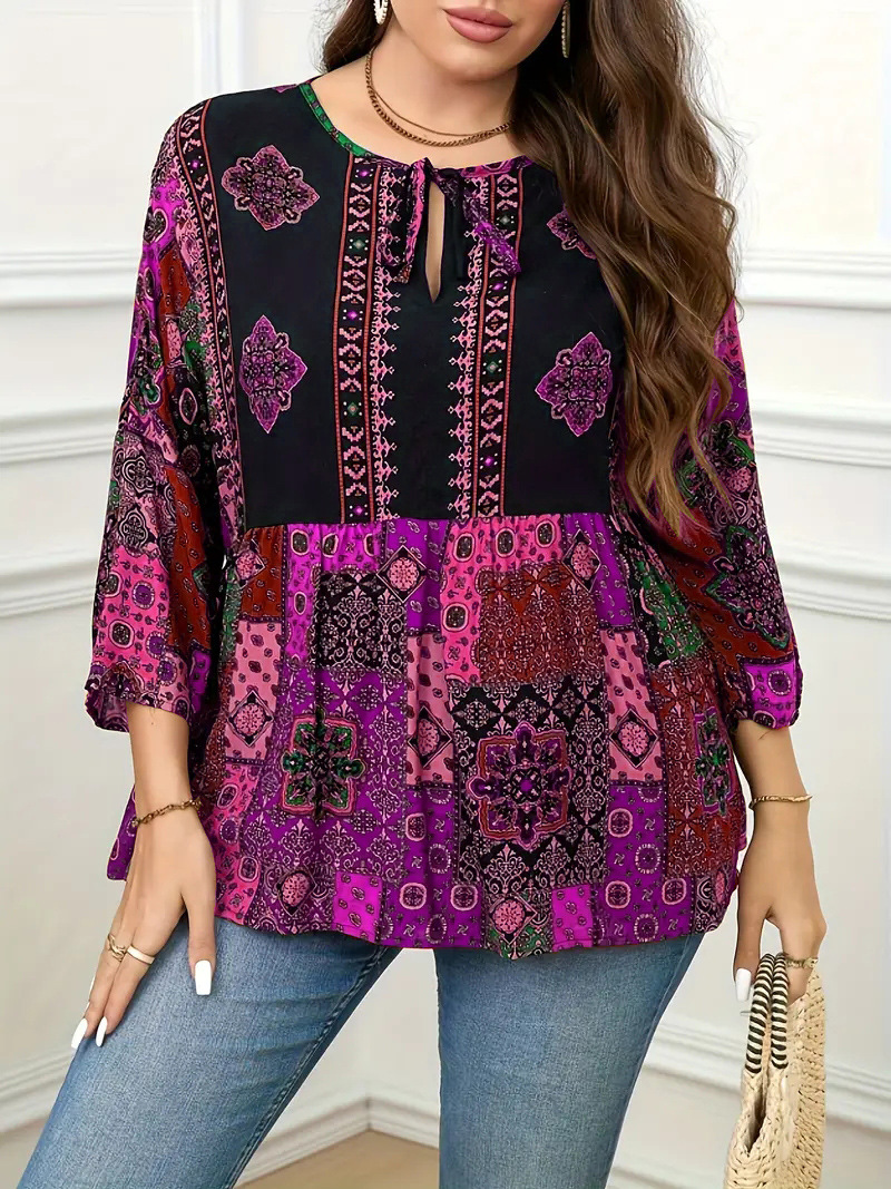 大码女装跨境速卖通亚马逊TEMU波西米亚印花设计鸡心领3/4袖上衣-阿里巴巴