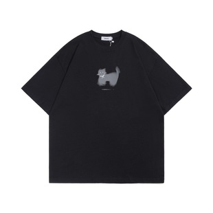 UNINHIBITEDNESS潮牌小众纯色经典小猫咪印花短袖T恤宽松圆领上衣-阿里巴巴