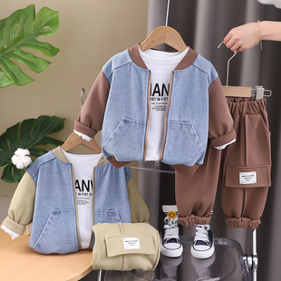童套装三件套春装童装中小童拼色牛仔拉链开衫男童工装裤一件代发-阿里巴巴