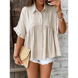 F6551 外贸代发速卖通跨境新款纯色衬衫休闲领口上衣适合日-阿里巴巴