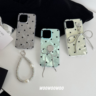 WOOWOOWOO小众ins清新复古波点蝴蝶结挂件链条手机壳支架适用苹16-阿里巴巴
