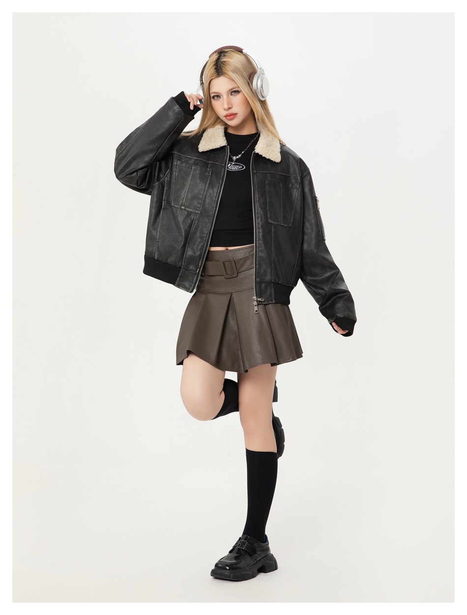 STIWAUP高级感美式复古机车服PU皮衣棉服女生翻领冬季外套MY6702-阿里巴巴
