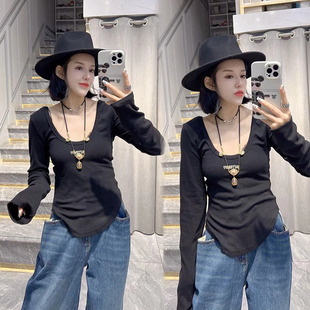 胖mm2-300斤特大码早秋韩版U领显瘦修身打底衫时尚纯色长袖T恤女-阿里巴巴