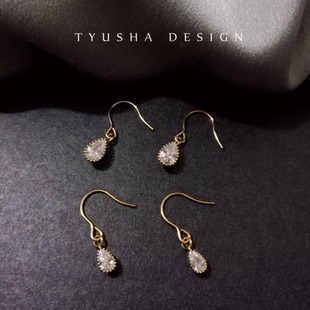 TYUSHA迷你锆石2款 14K注金包金水滴型镶钻吊坠纯银耳勾耳坠耳挂-阿里巴巴