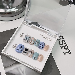 蓝色情书小众韩系loopy手绘字母爱心手工穿戴甲卡通蝴蝶结美甲-阿里巴巴