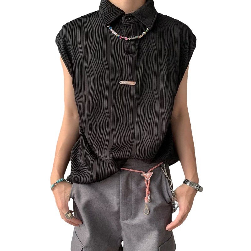 Jinbukang Niche Design Lapel Button Metal Vest Men's Pleated Wavy ...