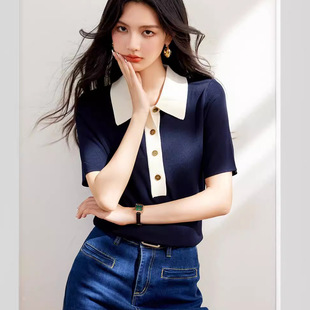 R3303法式气质通勤百搭Polo领五分袖针织衫女夏季简约百搭衬衫女-阿里巴巴