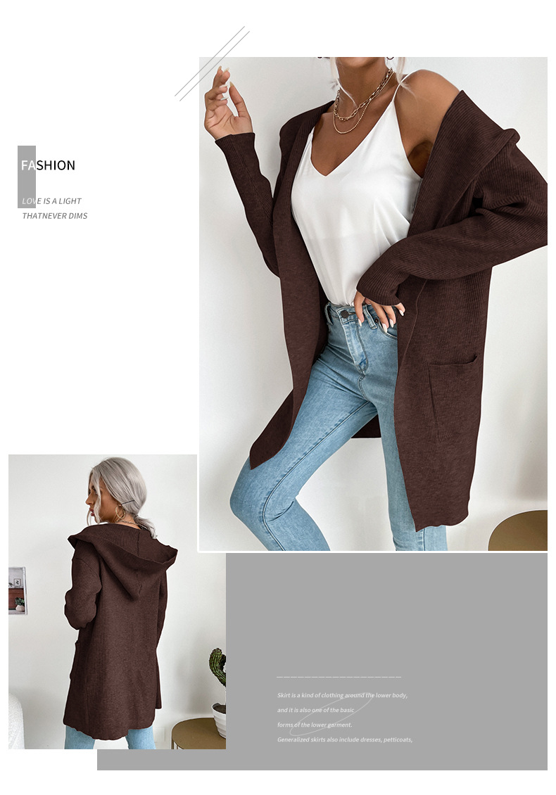 Womens Solid Color Hooded Knit Sweater Cardigan