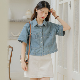 超好看港风牛仔短袖衬衫女2025夏季新款宽松小个子polo领薄款衬衣-阿里巴巴