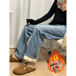 175高个子加长版冬季加绒加厚牛仔裤女高腰显瘦宽松蓝色直筒长裤-阿里巴巴