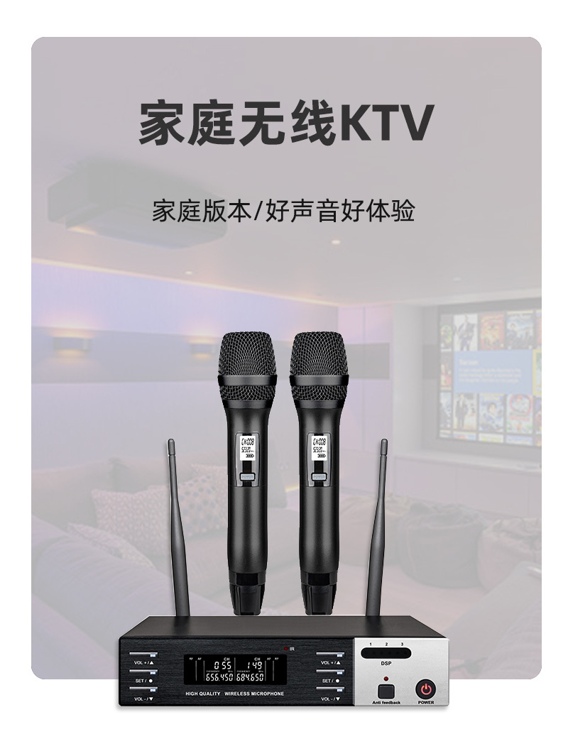演出会议话筒调频U段家用DSP防啸叫专业KTV无线麦克风一拖二-阿里巴巴